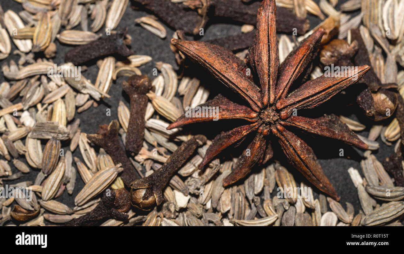 aromatic spices and herbs; star anise, cloves and cumin Stock Photo - Alamy