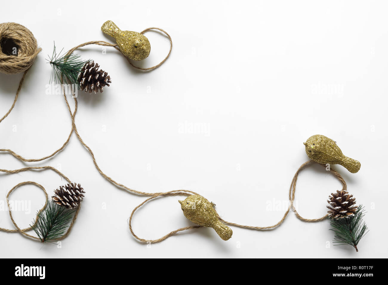 Golden bird Christmas ornaments decoration on white background. Flat ...