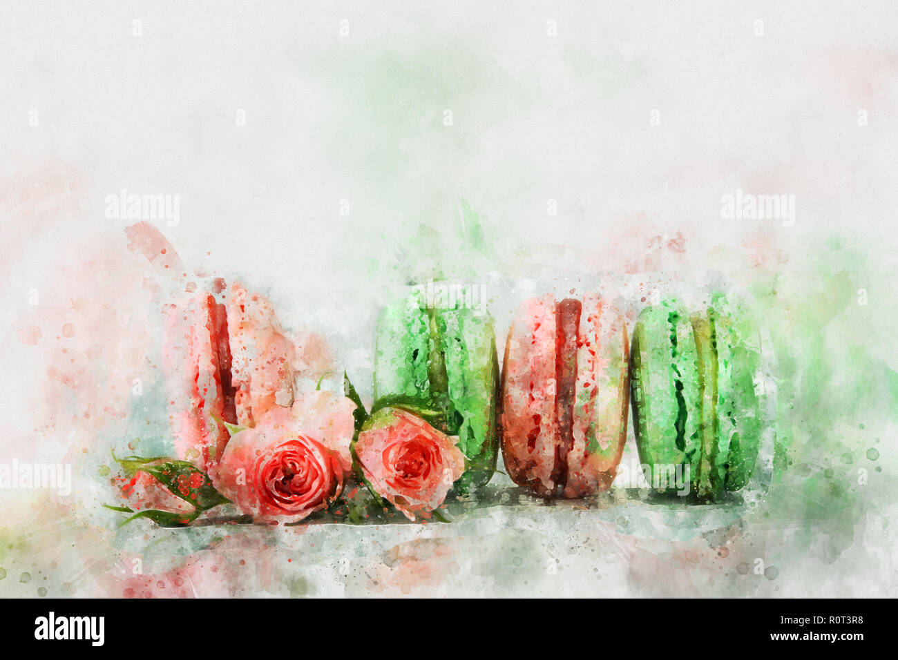 watercolor style and abstract illustration of romantic colorful macaron ...