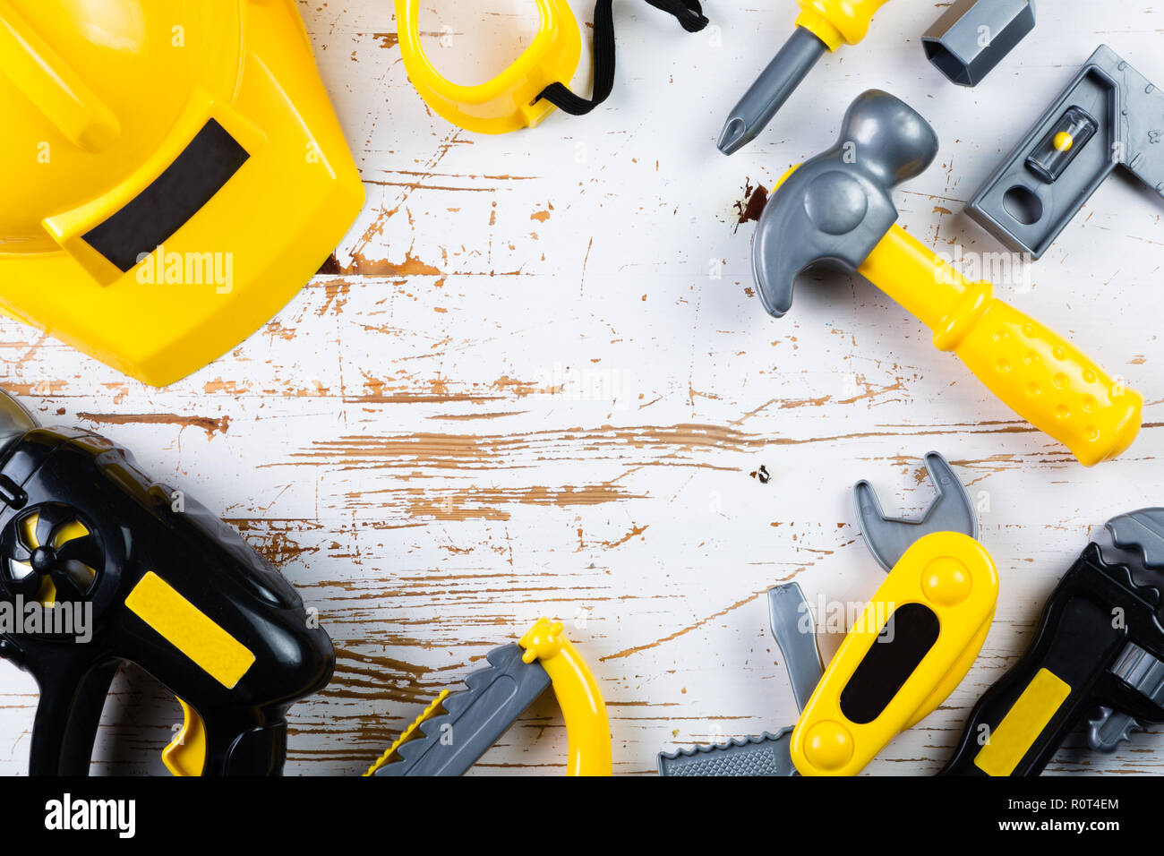 Father's day concept - child tools on wood background Stock Photo - Alamy