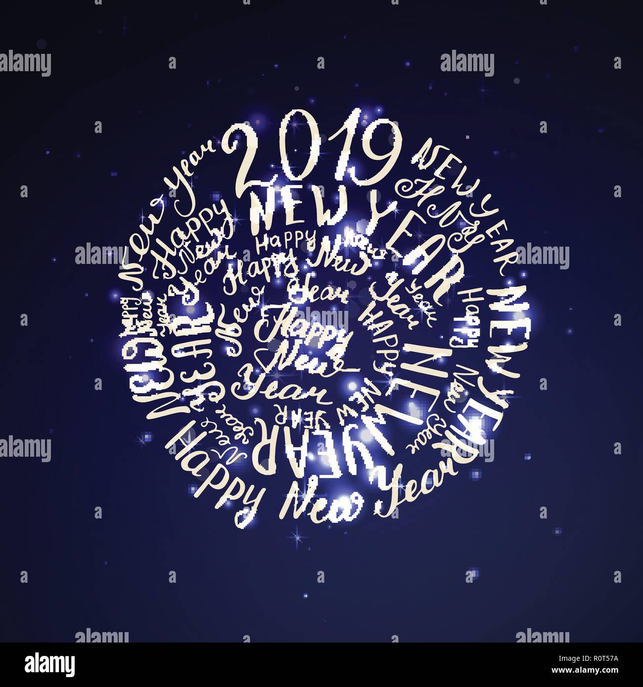 2019 New Year. Calligraphic inscription. Vector illustration. Blue glow ...