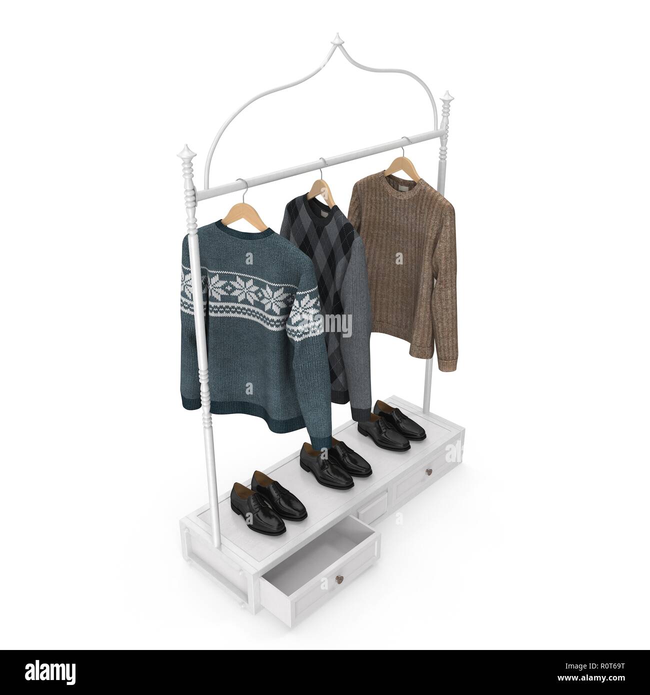 Empty Iron Clothing Display Rack with Clothes on white. 3D illustration ...