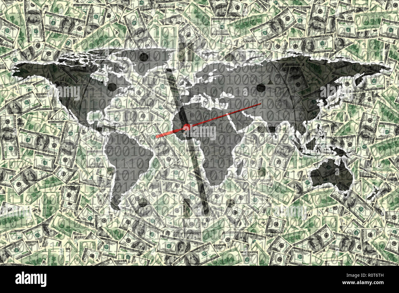conceptual finance image of world map and clock face over american one ...