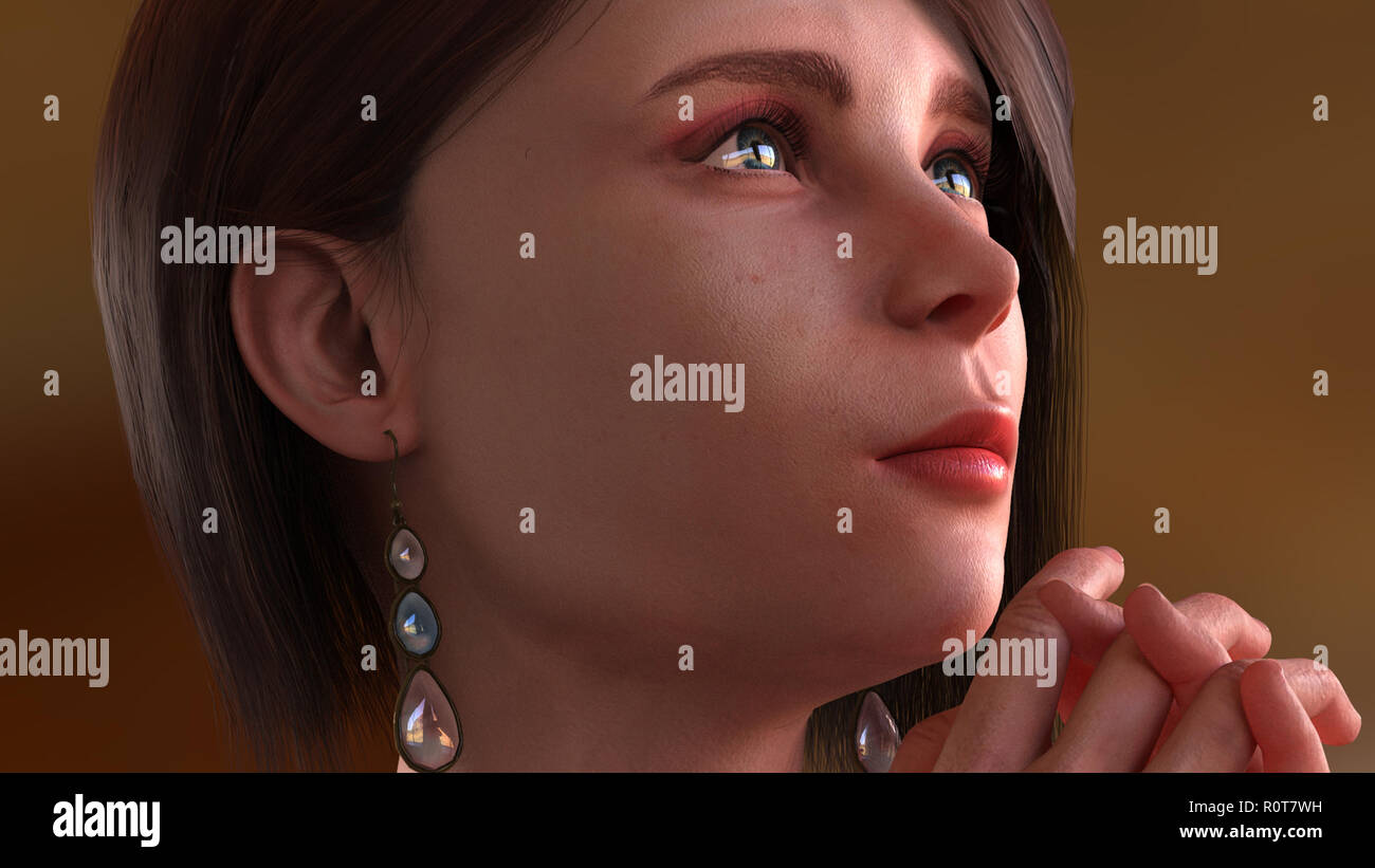 3d character illustration. Female model. Portrait of woman praying ...