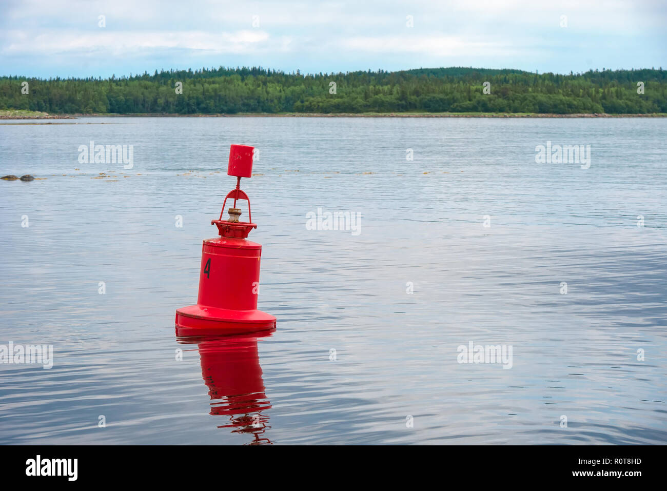 Red navigation buoy in the White Sea off the coast of the Solovetsky ...