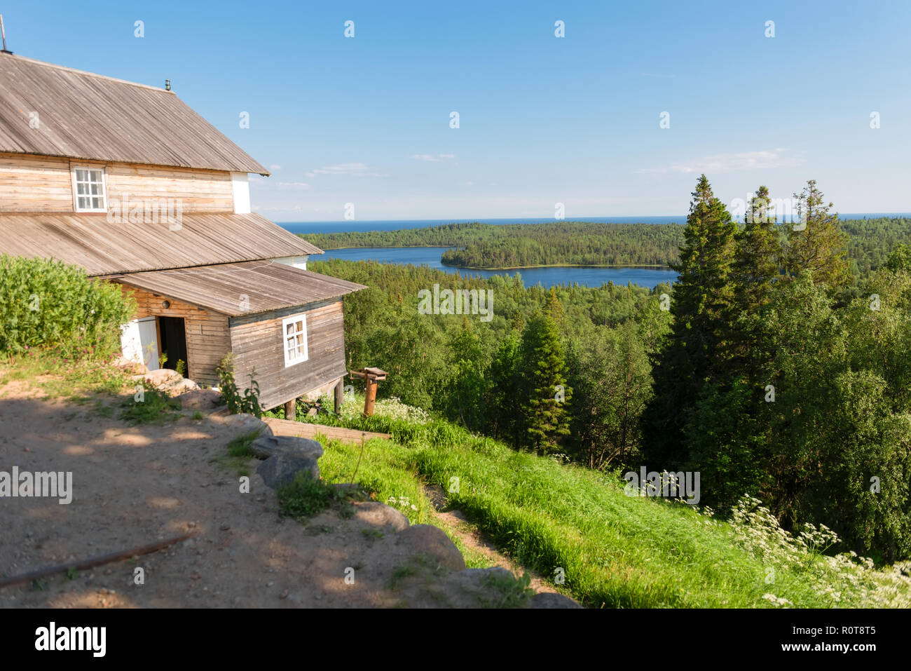 View of the island of Anzersky, monastery building, and the White Sea ...