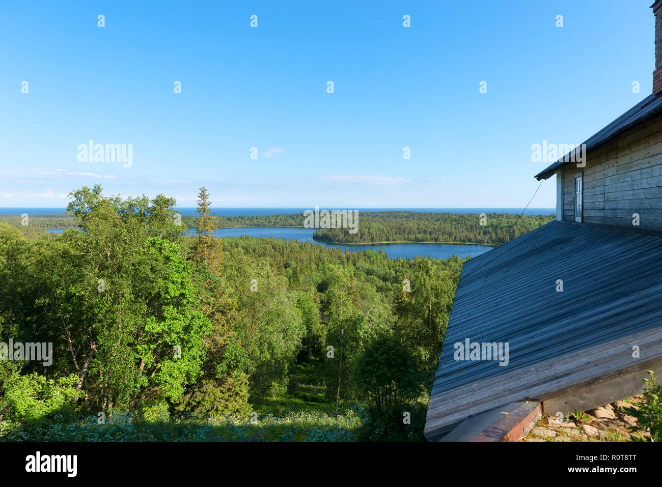 View of the island of Anzersky, monastery building, and the White Sea ...