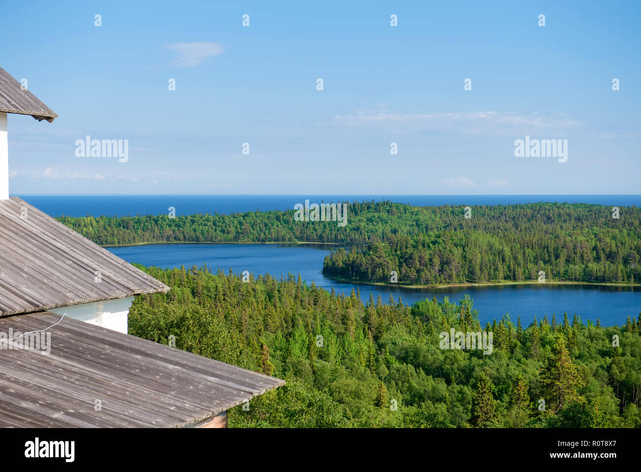 View of the island of Anzersky, monastery building, and the White Sea ...