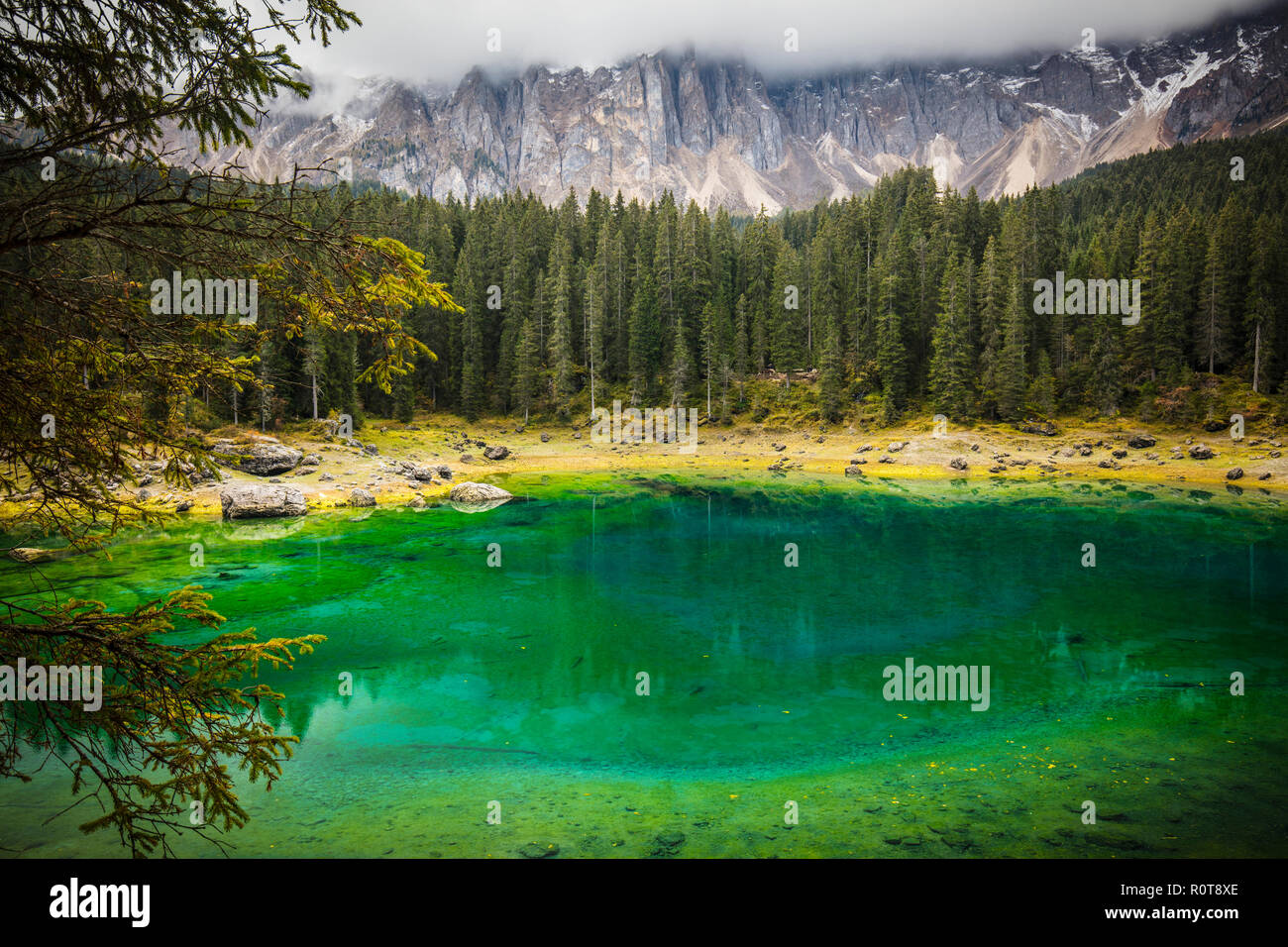 beautiful carezza lake in italy dolomites Stock Photo - Alamy