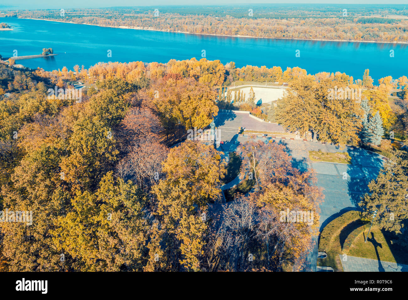 Taras Hill (Chernecha Hora) in Kaniv city in autumn at sunset ...