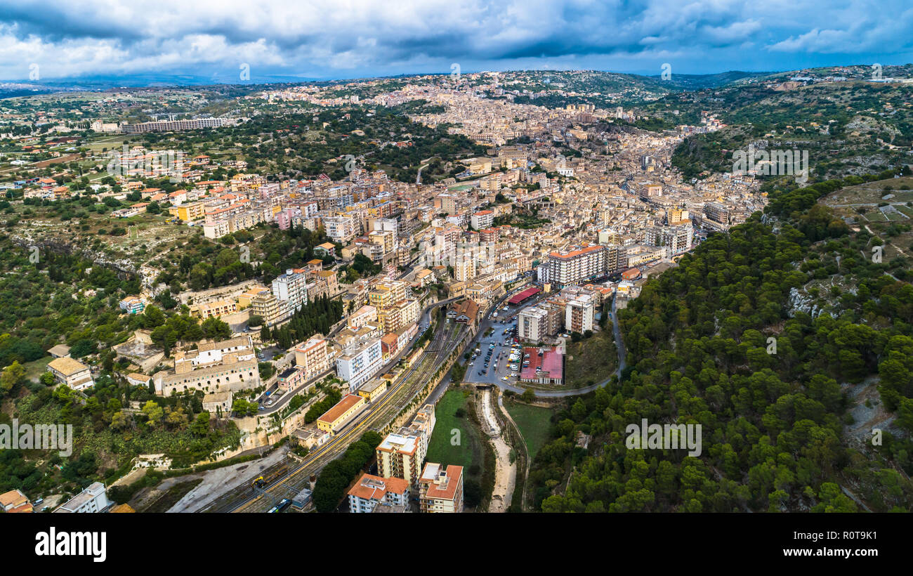 Aerial view. Modica is a city and commune in the Province of Ragusa ...