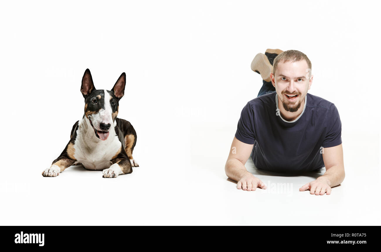 Emotional Portrait of surprised man and his dog, concept of friendship ...
