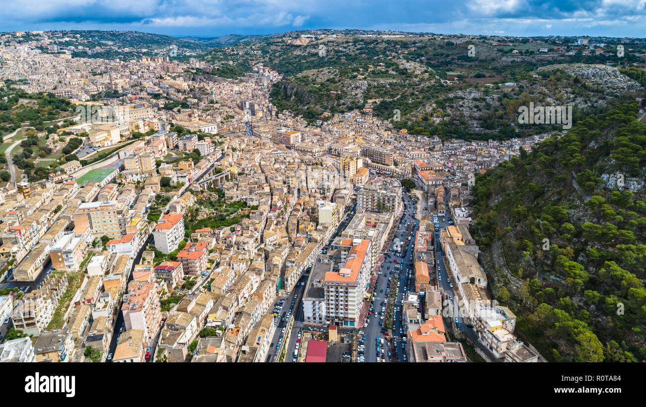 Aerial view. Modica is a city and commune in the Province of Ragusa ...