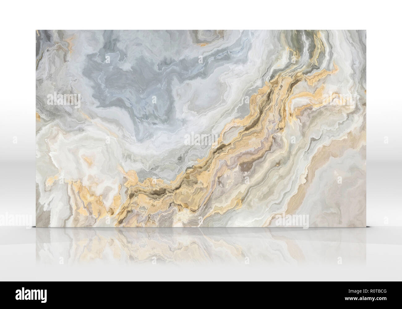 Golden marble tile standing on the white background with reflections ...