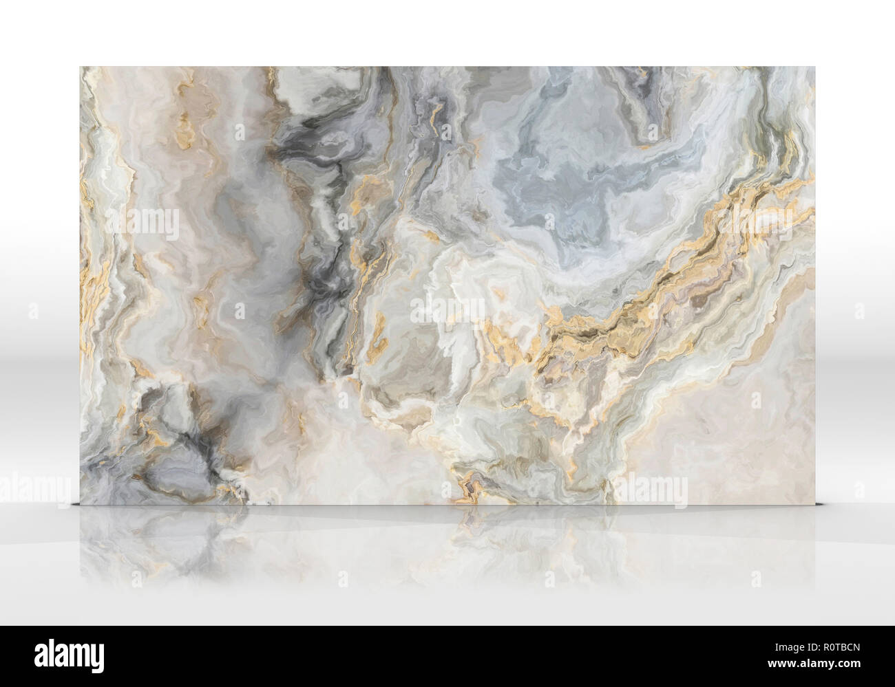 Golden marble tile standing on the white background with reflections ...