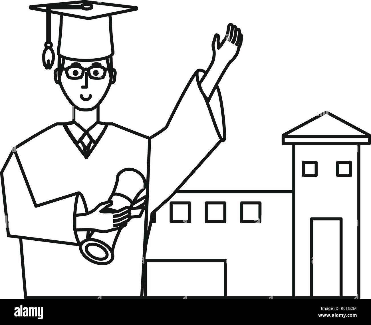 young man graduated with building university vector illustration design ...