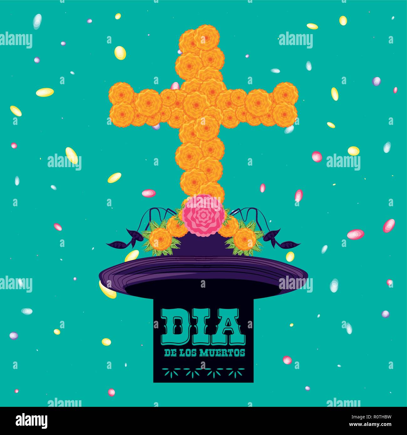 cross of day the dead with hat mexican vector illustration design Stock ...