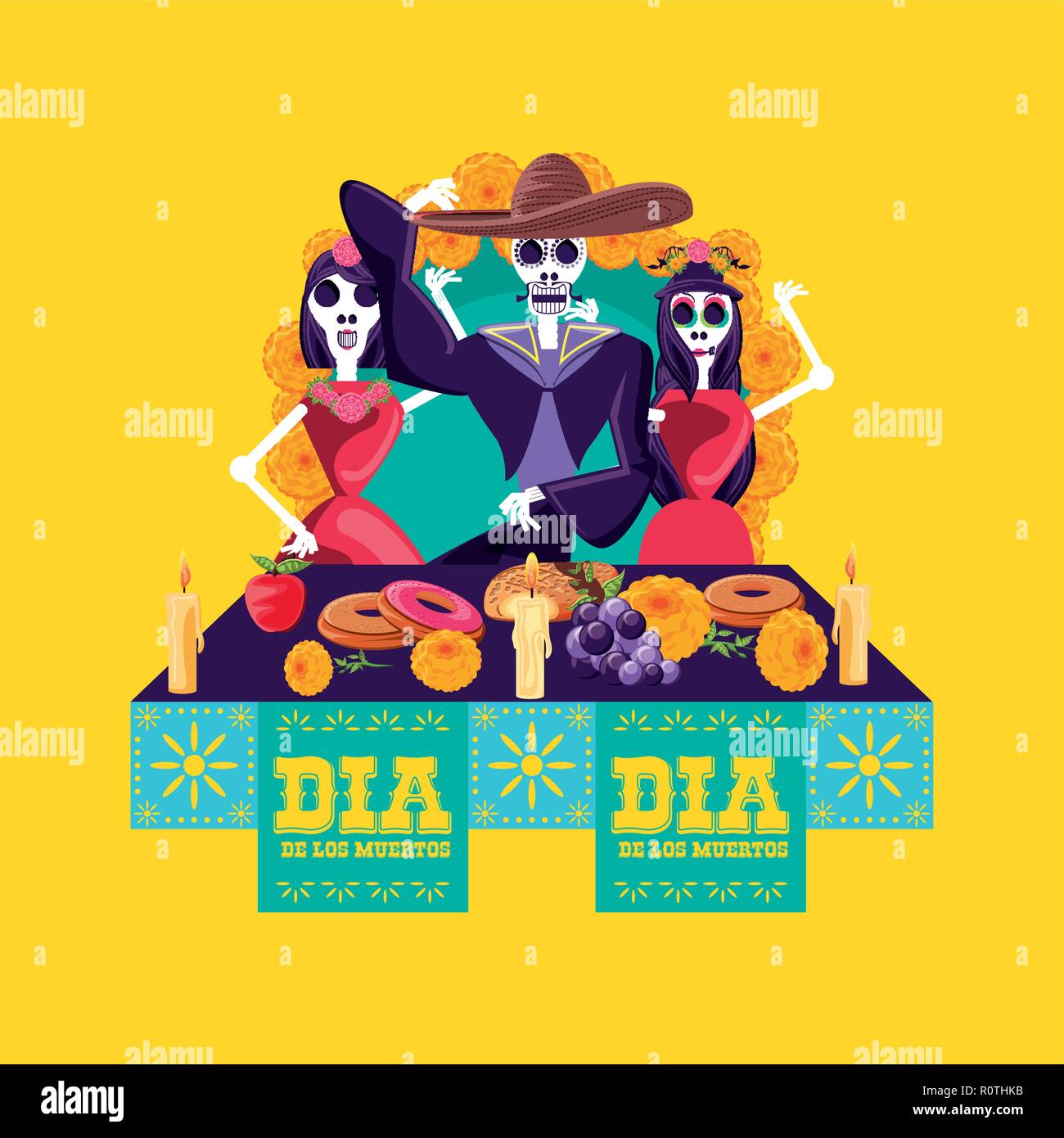 mariachi and catrina skulls day of the dead party vector illustration ...