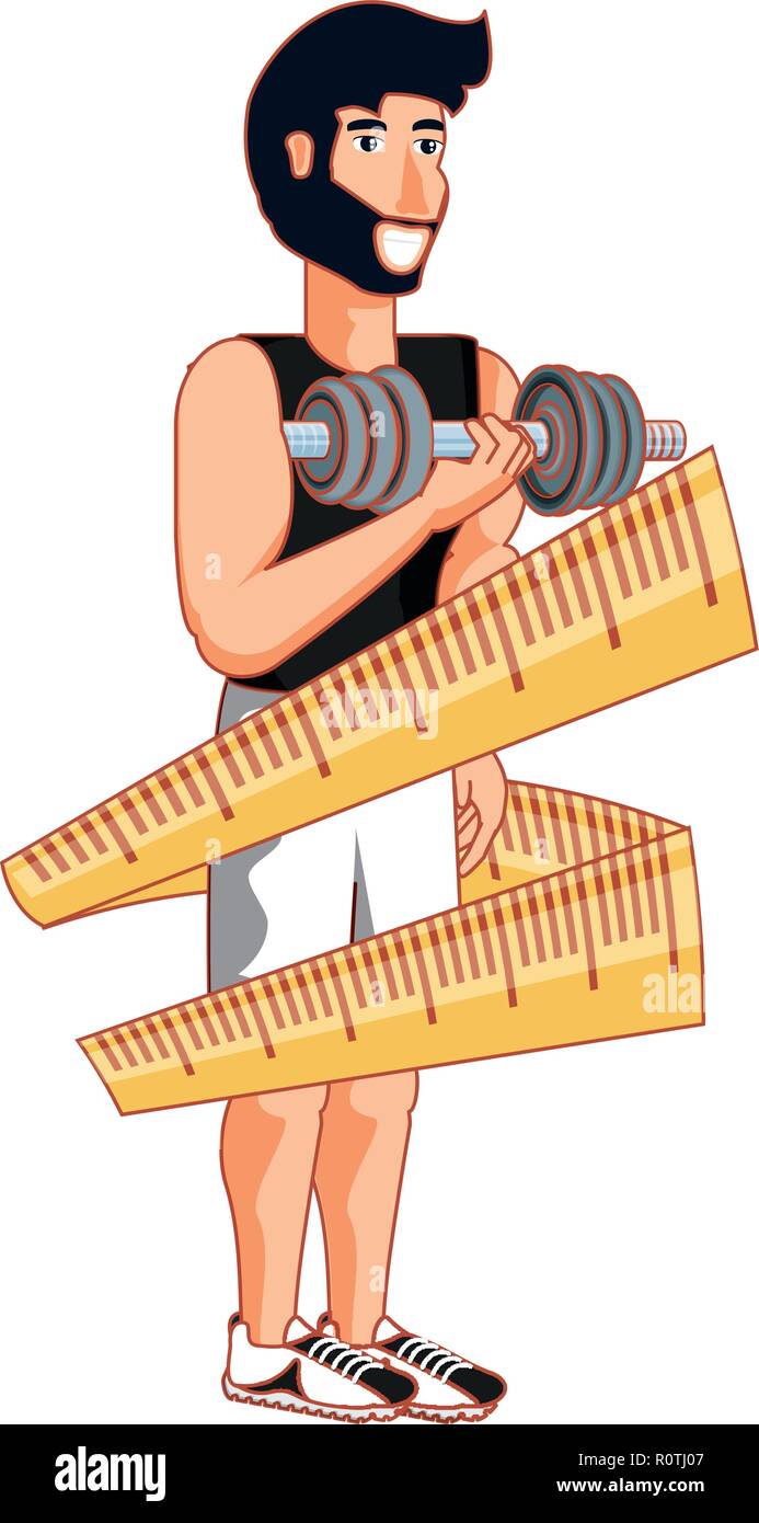 athletic man with dumbbell and measuring tape vector illustration ...