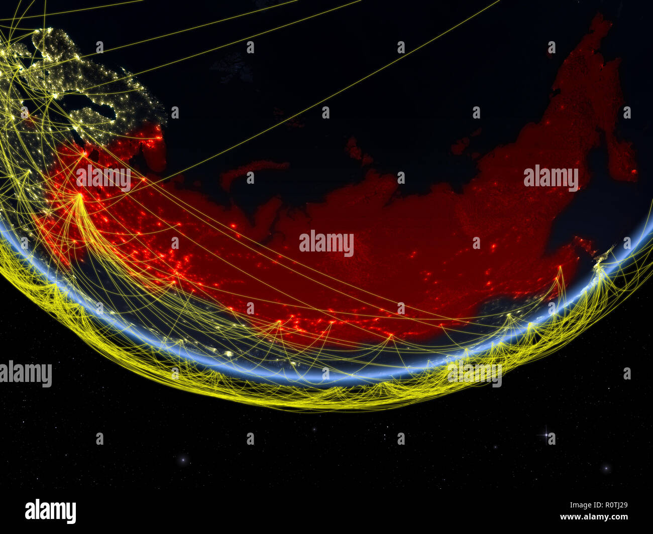 Russia on model of planet Earth at night with network representing ...