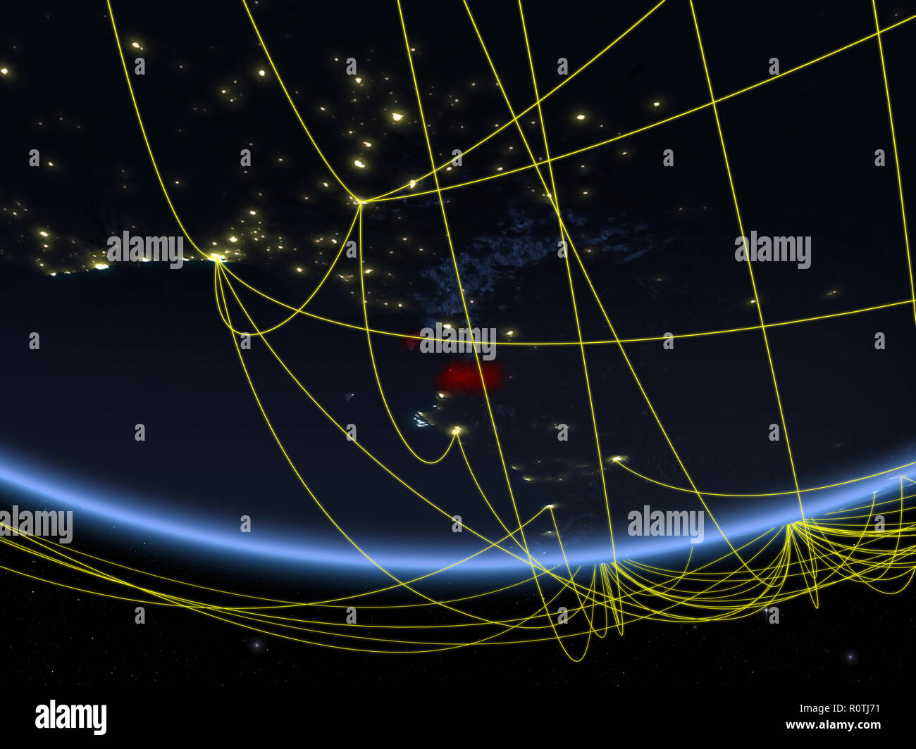 Equatorial Guinea on model of planet Earth at night with network ...