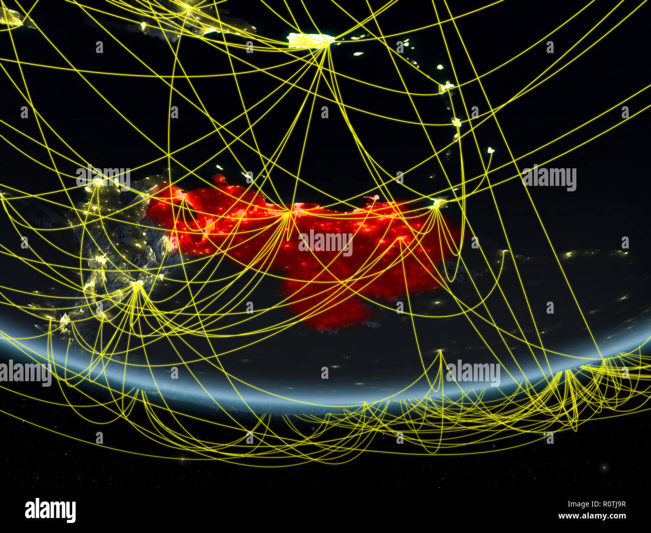 Venezuela on model of planet Earth at night with network representing ...