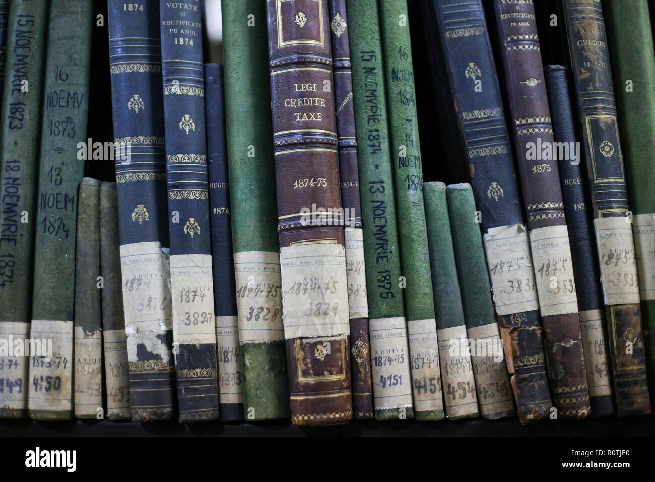 BUCHAREST, ROMANIA - October 31, 2018: Historical archives stacked in a ...