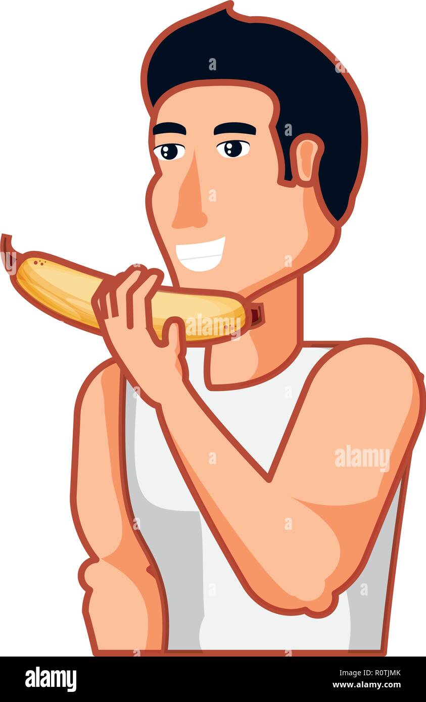 young athletic man eating banana fruit vector illustration design Stock ...
