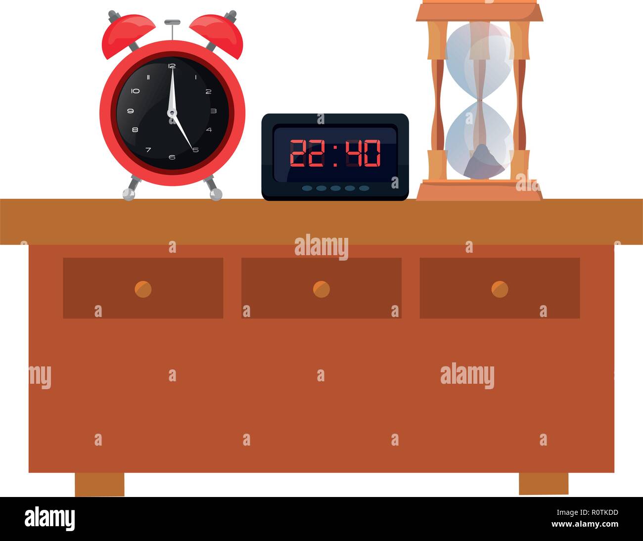 collection clocks on wooden table furniture vector illustration Stock ...