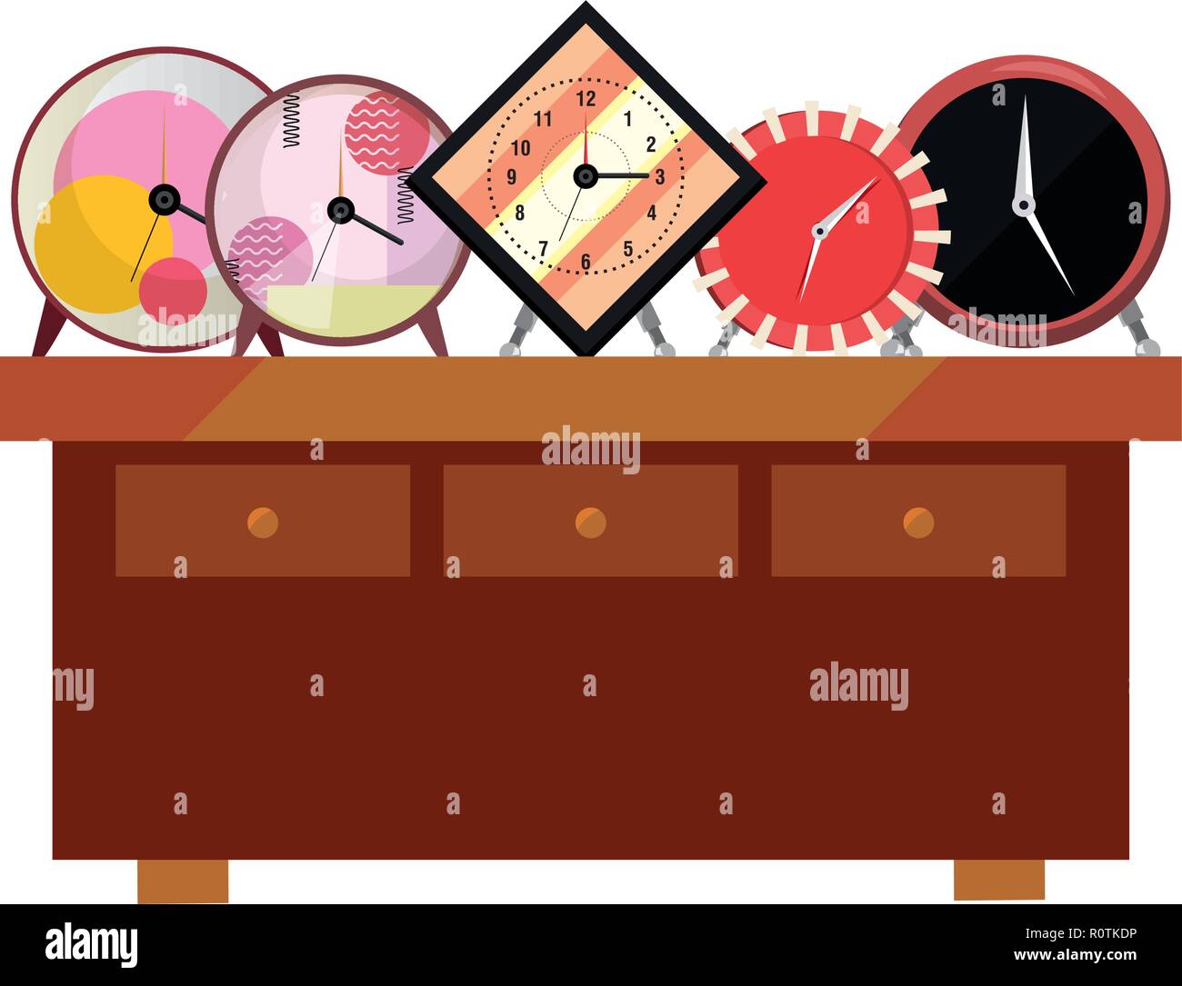 collection clocks on wooden table furniture vector illustration Stock ...