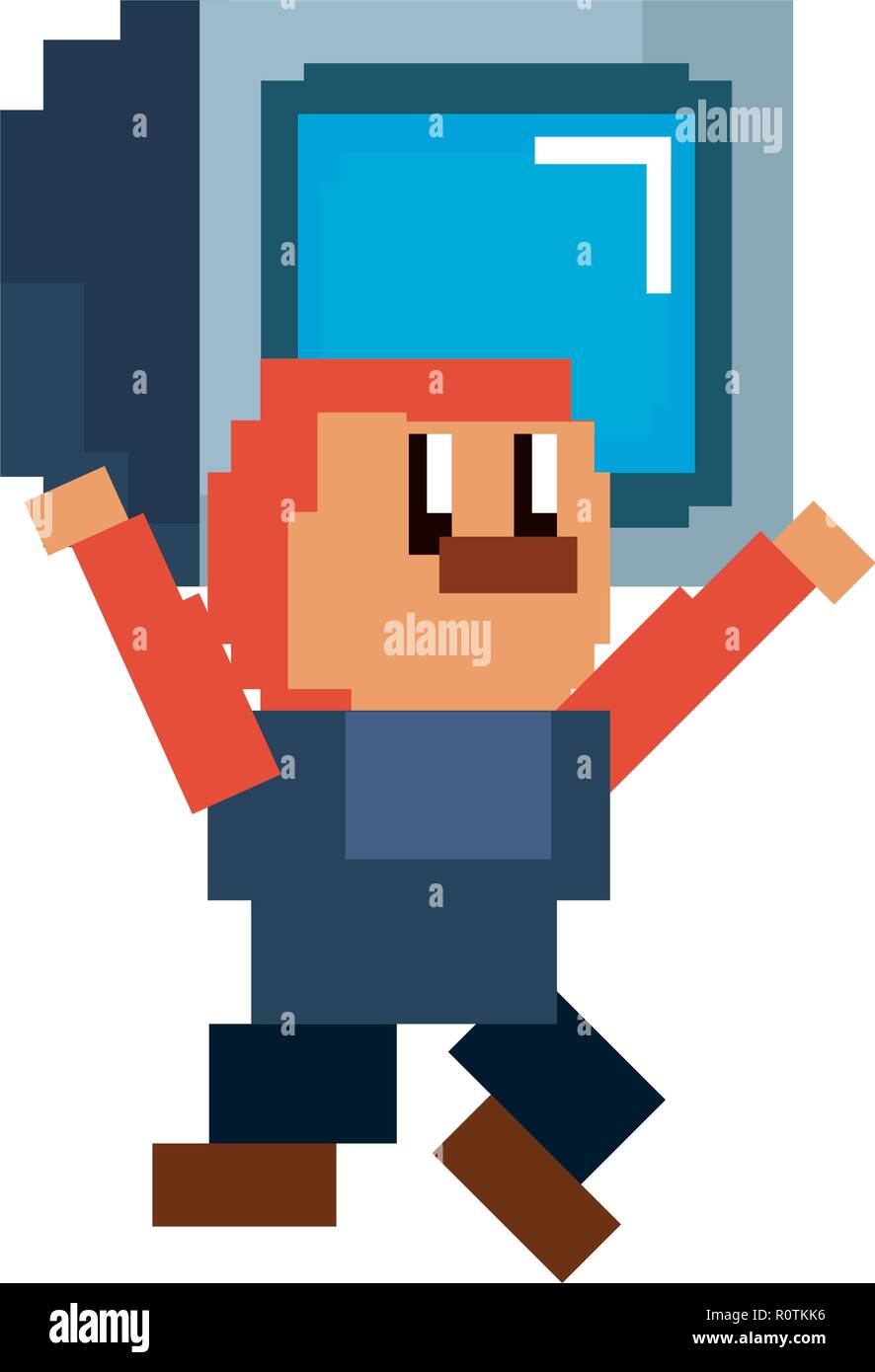 character holding television pixel video game vector illustration Stock ...