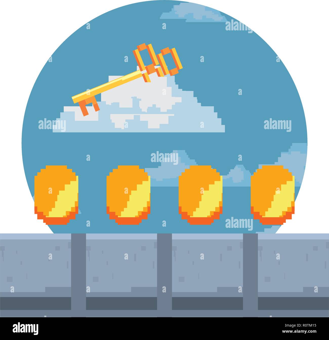 cloud key and coins level pixel video game vector illustration Stock ...