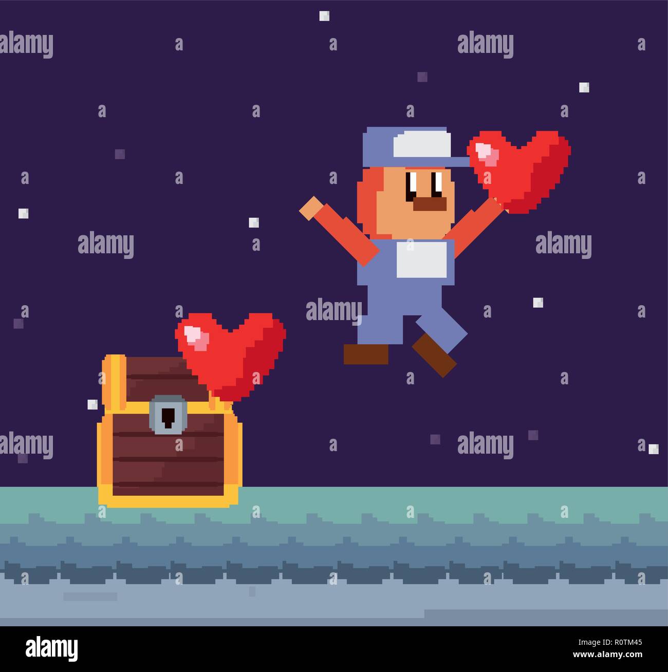 character with heart chest level pixel video game vector illustration ...