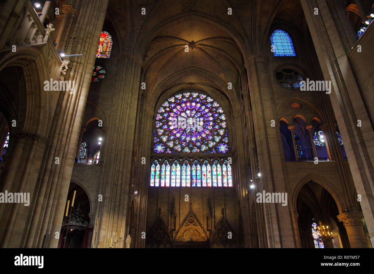 PARIS, FRANCE - OCTOBER 27 2018: Rose Window in the famous Notre Dame ...