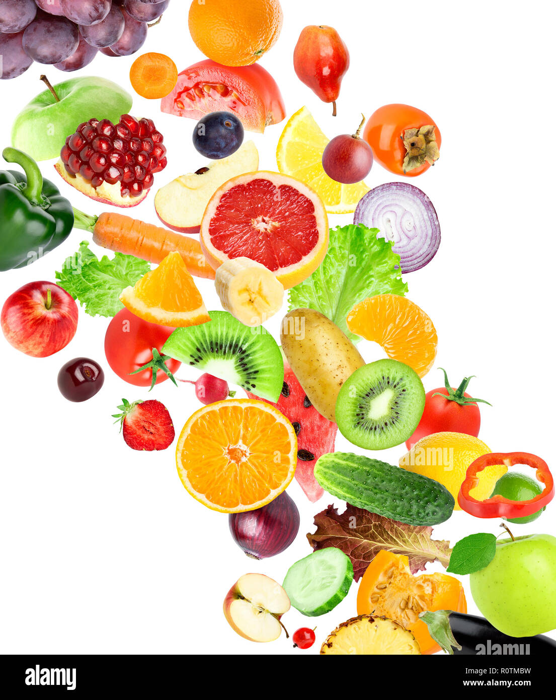 Falling of fruits and vegetables on white background. Healthy food ...