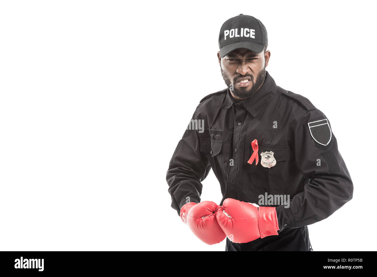angry african american police officer with boxing gloves isolated on ...
