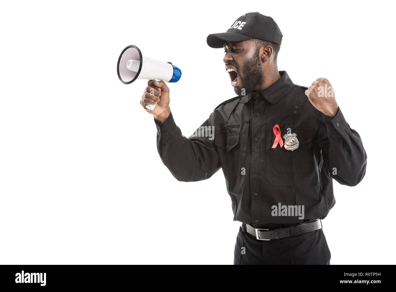 angry african american police officer with aids awareness red ribbon ...