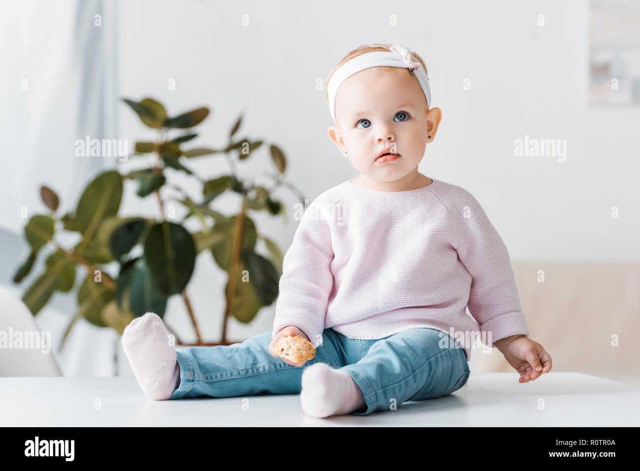 cute baby sitting on white table and holding biscuit Stock Photo - Alamy