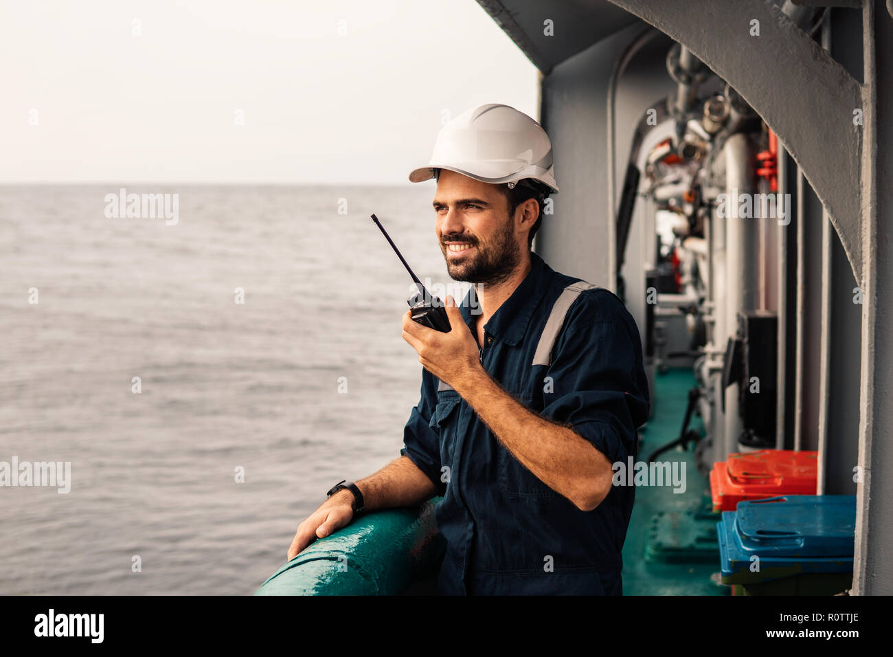 Marine Deck Officer or Chief mate on deck of vessel or ship Stock Photo ...