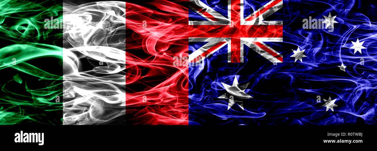 Italy vs Australia, Australian smoke flags placed side by side. Thick ...
