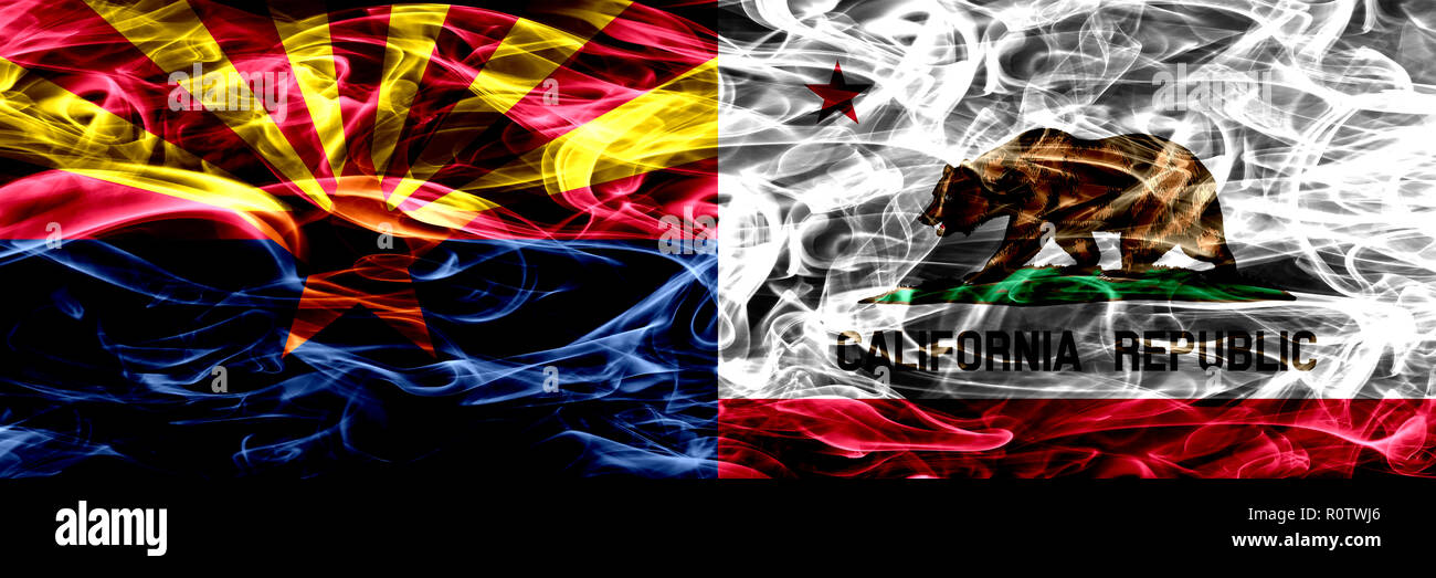 Arizona vs California colorful concept smoke flags placed side by side ...