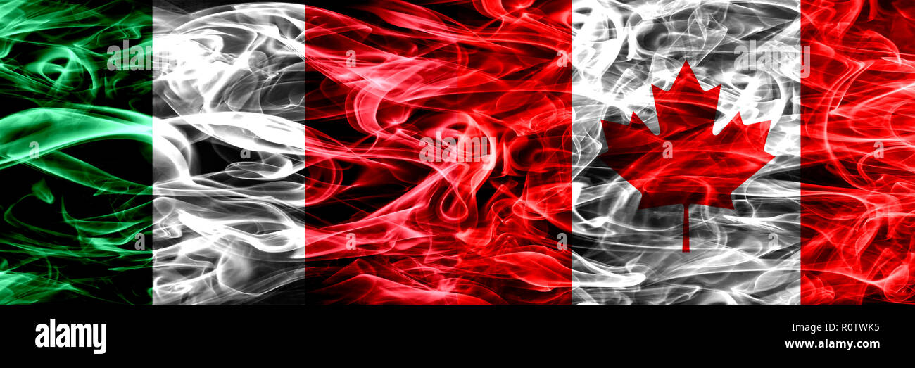 Italy vs Canada, Canadian smoke flags placed side by side. Thick ...