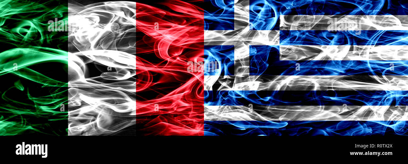 Italy vs Greece, Greek smoke flags placed side by side. Thick abstract ...