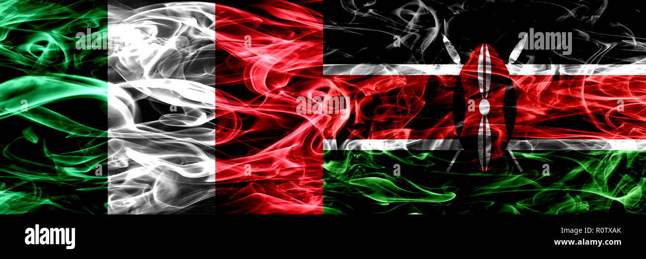 Italy vs Kenya, Kenyan smoke flags placed side by side. Thick abstract ...