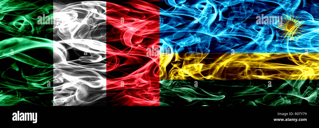 Italy vs Rwanda, Rwandan smoke flags placed side by side. Thick ...
