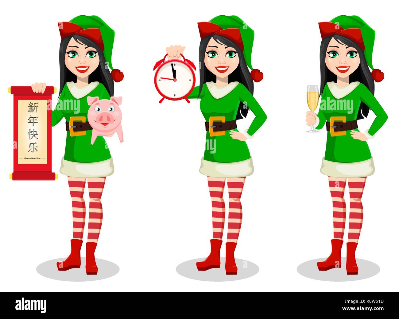 Beautiful woman in costume of Elf, set of three poses. Lady Santa ...