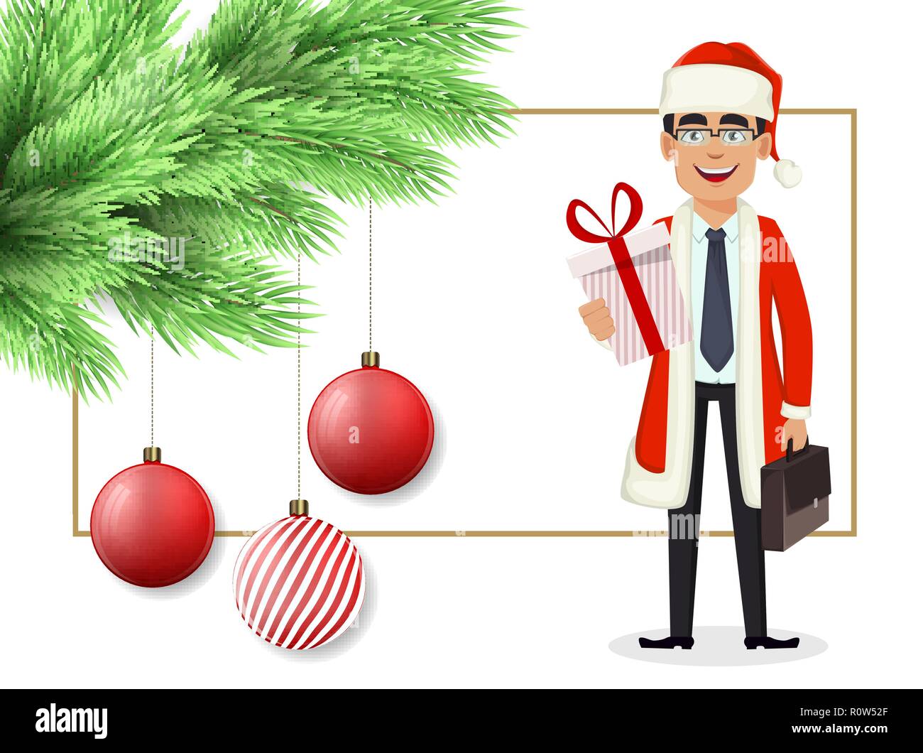 Merry Christmas postcard with handsome business man in Santa Claus ...