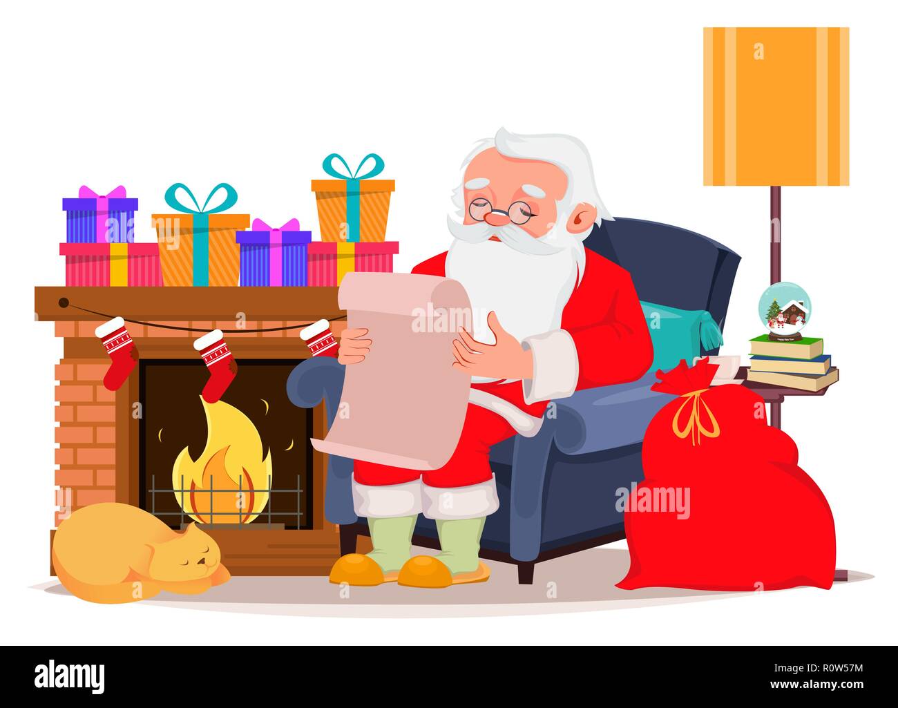 Merry Christmas greeting card with Santa Claus sitting in comfortable ...