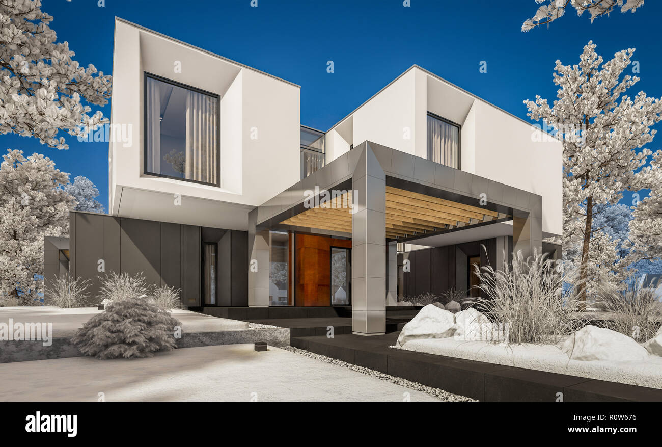 3d rendering of modern cozy house with garage and garden. Cool winter ...