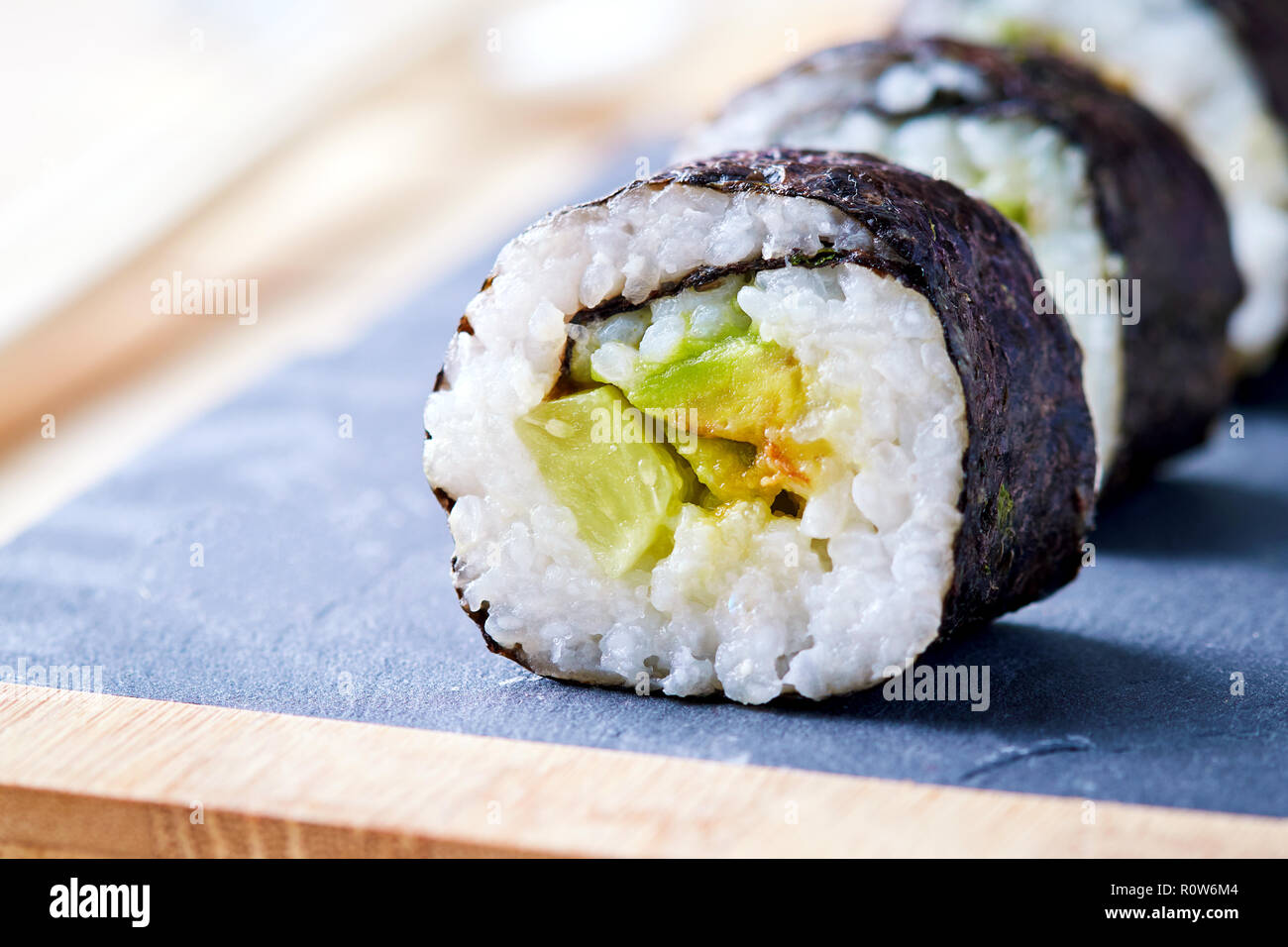 Vegan sushi rolls made with nori algae, sushi rice, cucumbers and ...